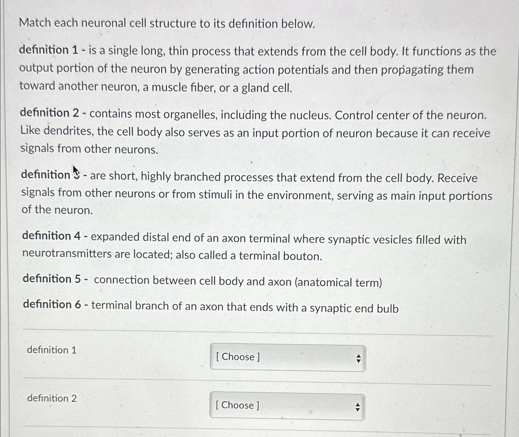 Solved Match each neuronal cell structure to its definition | Chegg.com