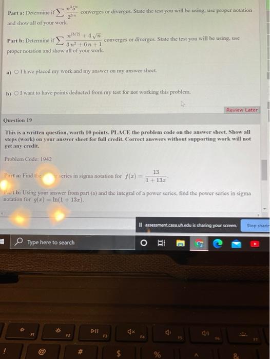 Solved Parta: Determine ir 5 converges or diverges. State | Chegg.com Solved Parta: Determine ir 5 converges or diverges. State | Chegg.com