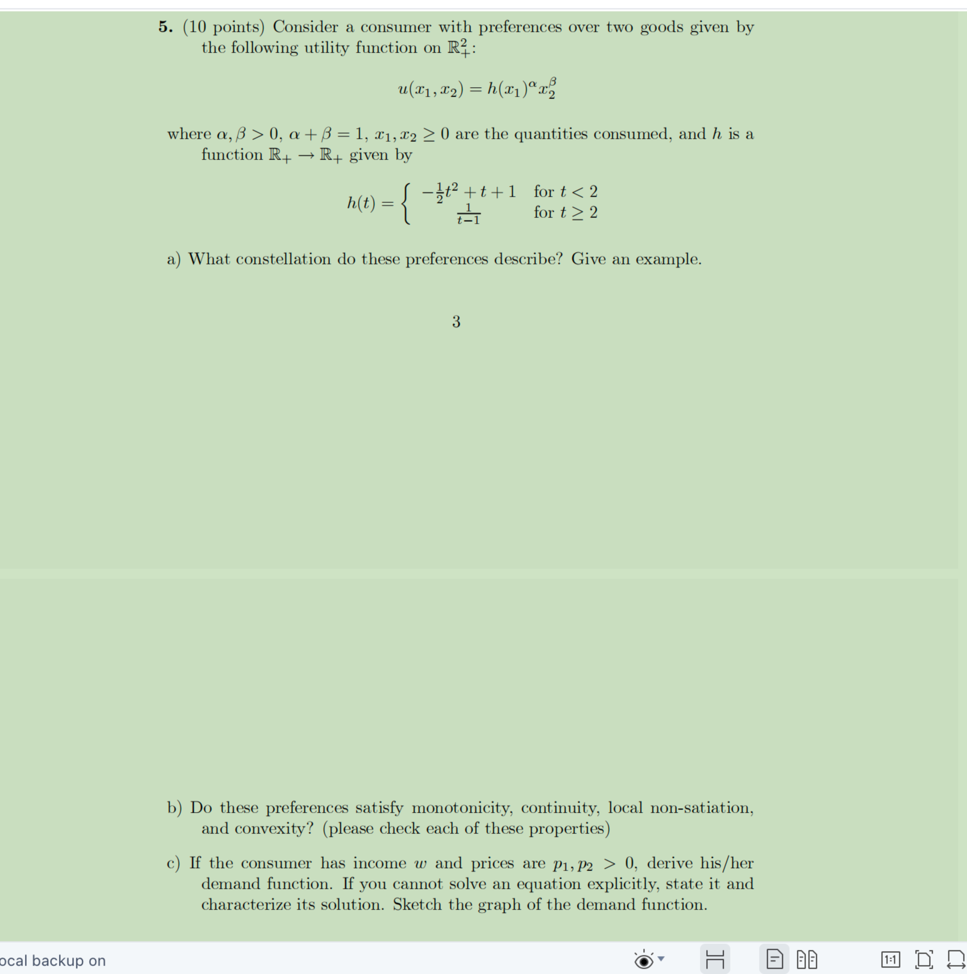 Solved (10 ﻿points) ﻿Consider a consumer with preferences | Chegg.com