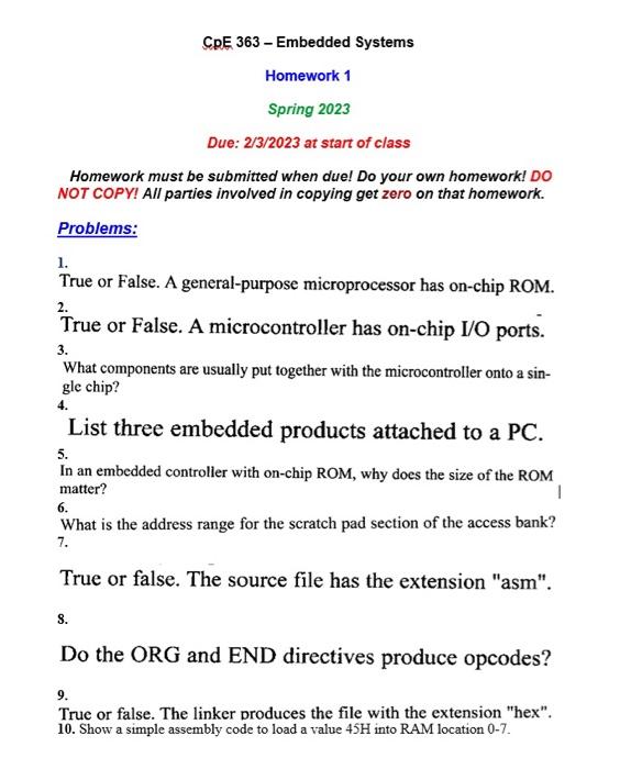 Solved CpE363 - Embedded Systems Homework 1 Spring 2023 Due: | Chegg.com