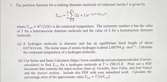 1. The partition function for a rotating diatomic | Chegg.com