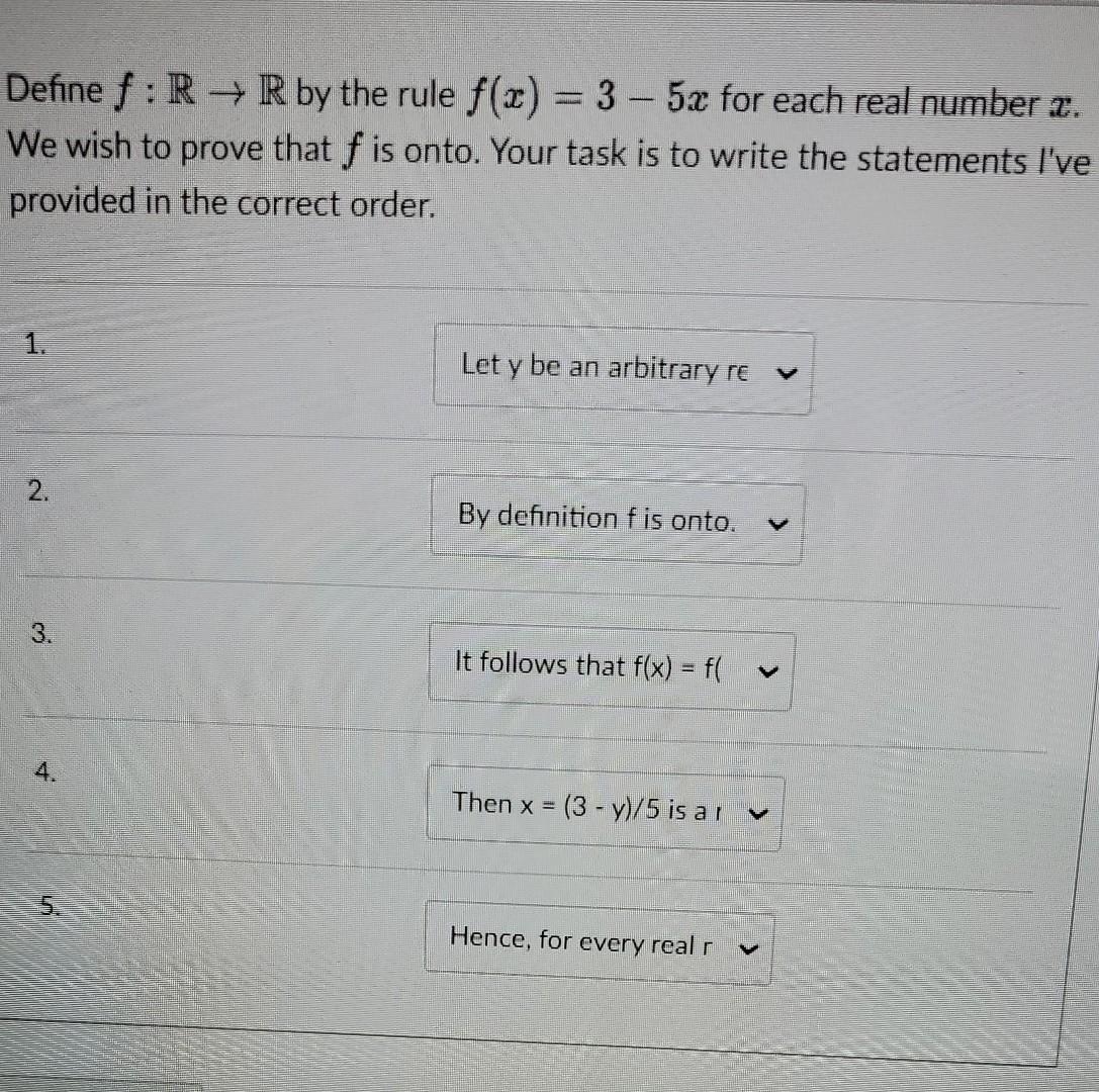 Solved Define f:R + R by the rule f(x) = 3-5x for each real | Chegg.com