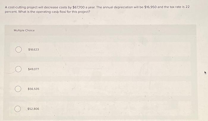 Solved A cost-cutting project will decrease costs by $67,700 | Chegg.com