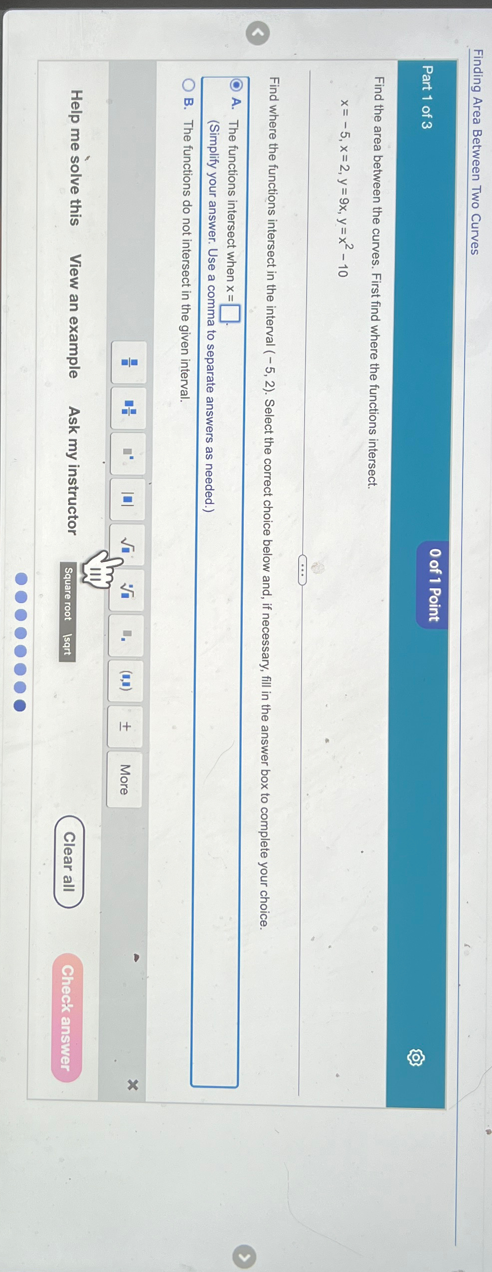Finding Area Between Two CurvesPart 1 ﻿of 30 ﻿of 1 | Chegg.com