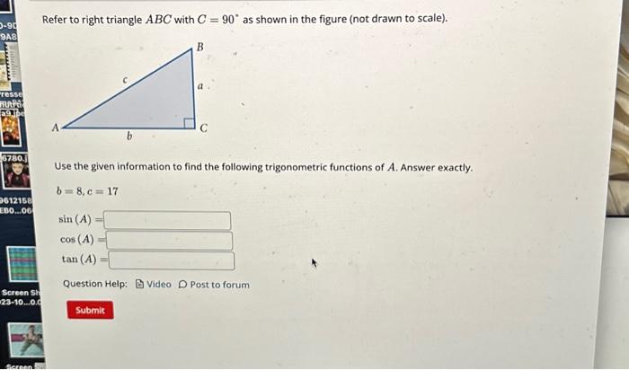 Solved Refer to right triangle ABC with C=90∘ as shown in | Chegg.com