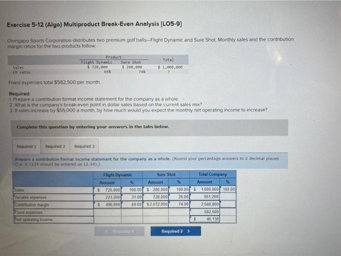 Solved Exercise 5-12 (Algo) Multiproduct Break-Even Analysis | Chegg.com