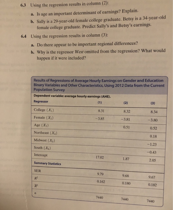 Solved 6.3 Using the regression results in column (2): a. Is | Chegg.com