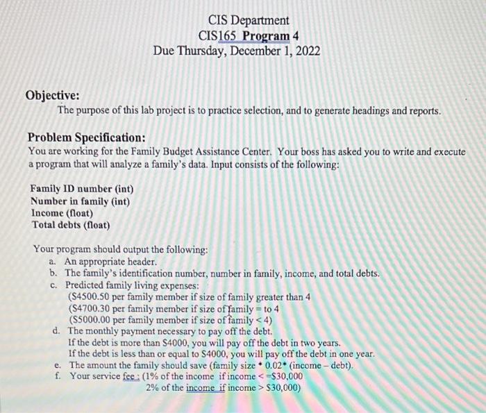 Solved CIS Department CIS 165 Program 4 Due Thursday, | Chegg.com