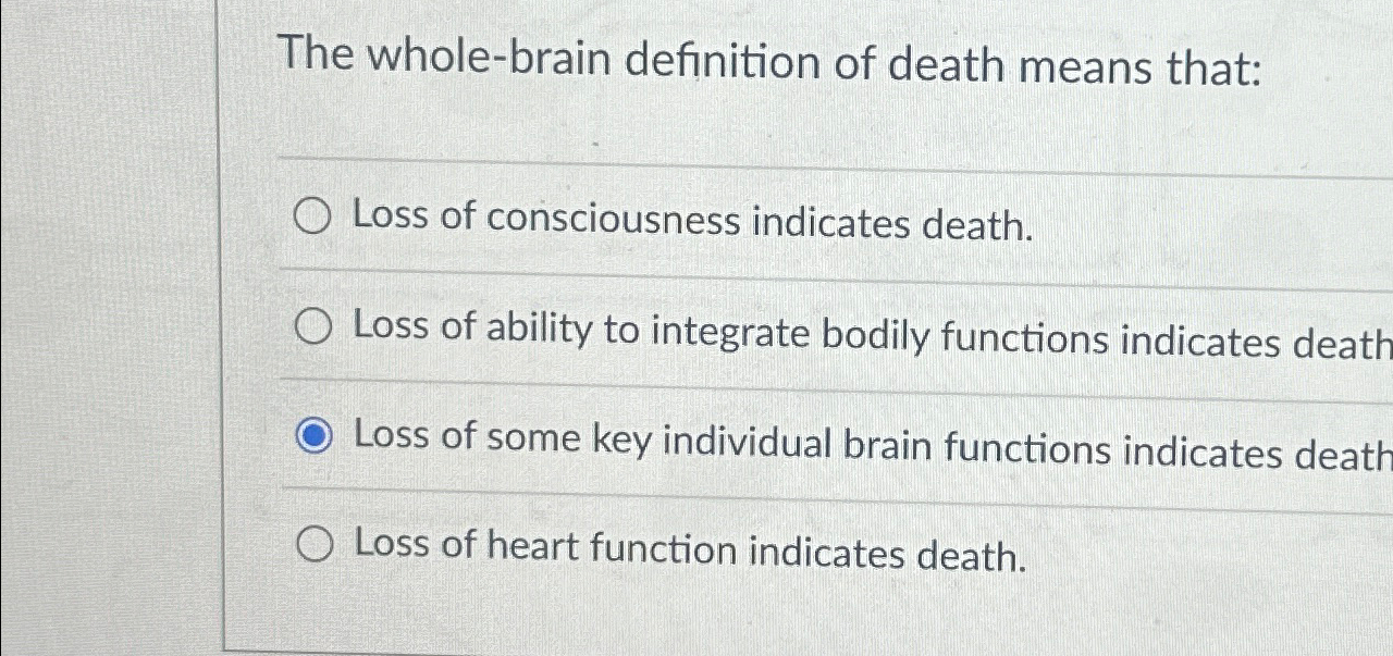 Solved The whole-brain definition of death means that:Loss | Chegg.com