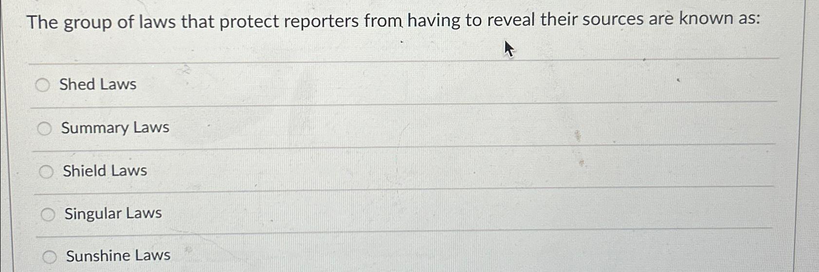 Solved The group of laws that protect reporters from having | Chegg.com