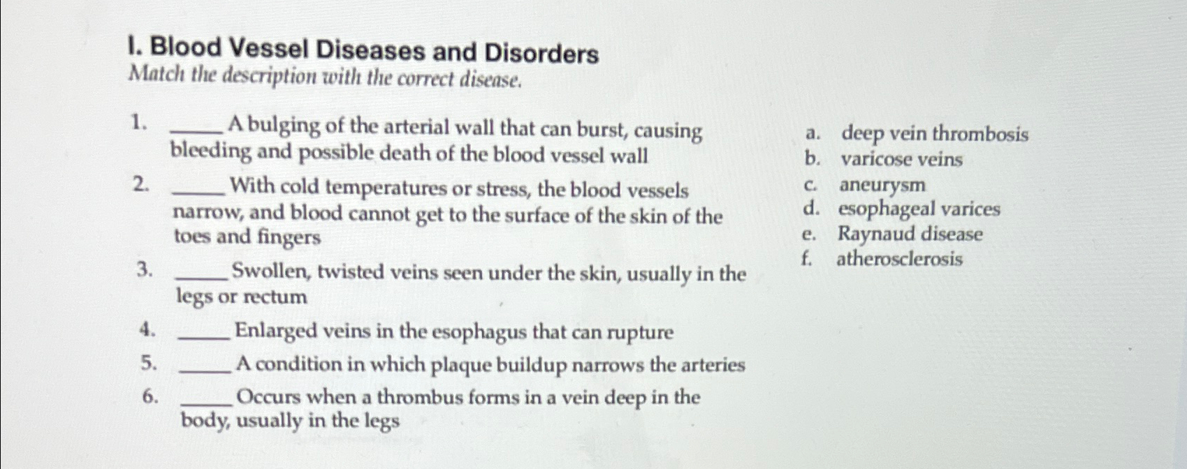 Solved I. Blood Vessel Diseases and DisordersMatch the | Chegg.com