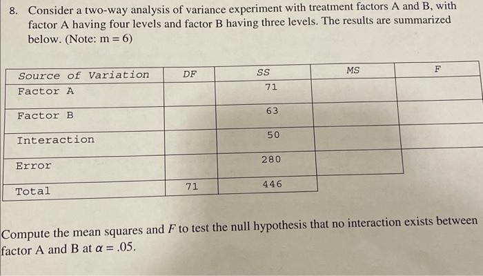 Solved 8. Consider a two-way analysis of variance experiment | Chegg.com