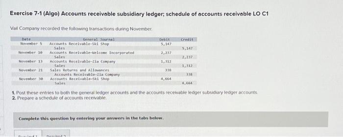 Solved Exercise 7-1 (Algo) Accounts receivable subsidiary | Chegg.com