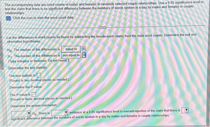Solved The accompanying data are word counts of males and | Chegg.com