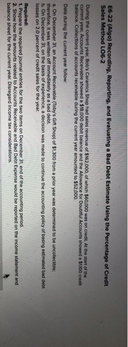 Solved E6-22 (Algo) Recording, Reporting, and Evaluating a | Chegg.com