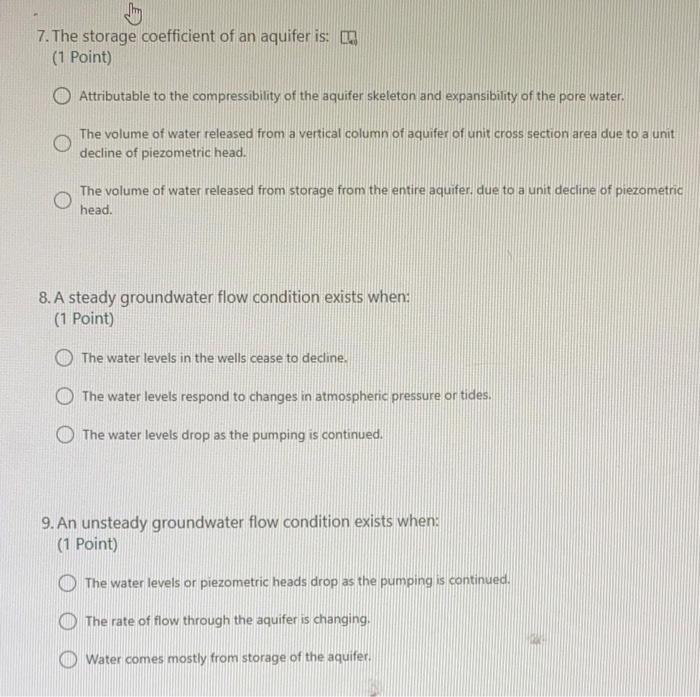 Solved 7. The storage coefficient of an aquiferis: (1 Point) | Chegg.com