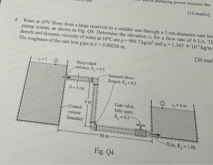 Solved 4. Water at 10∘C flows from a large reservoir to a | Chegg.com