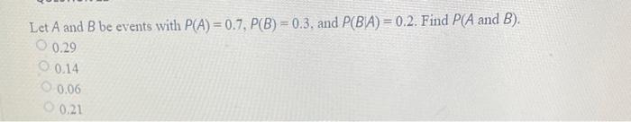 Solved Let A and B be events with P(A)=0.7,P(B)=0.3, and | Chegg.com