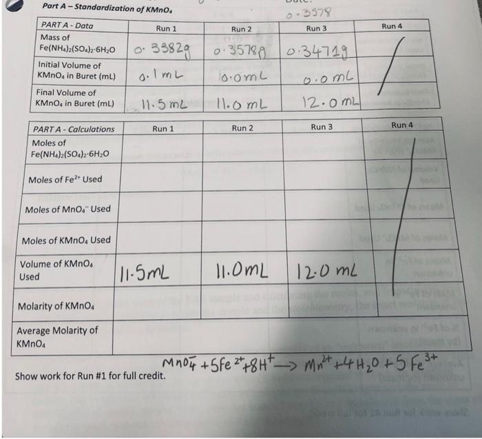 Solved Part A - Standardization of KMnO4 Show work for Run | Chegg.com