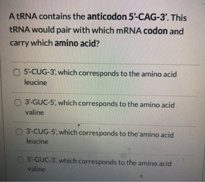 Solved AtRNA contains the anticodon 5-CAG-3'. This tRNA | Chegg.com
