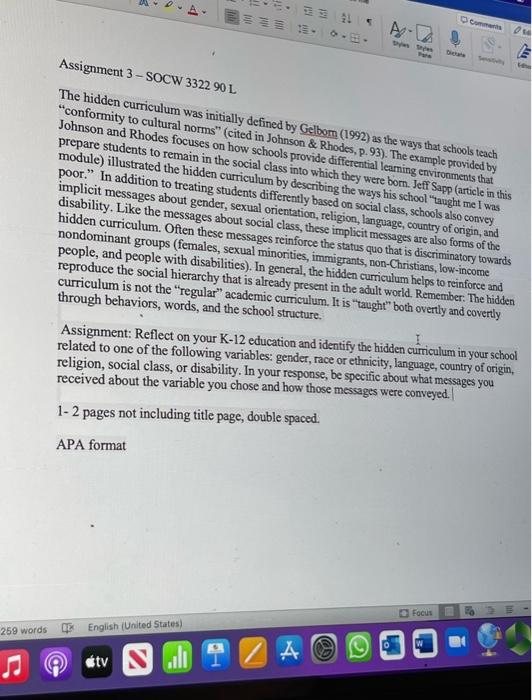 Assignment 3-SOCW 332290 L The hidden curriculum was | Chegg.com