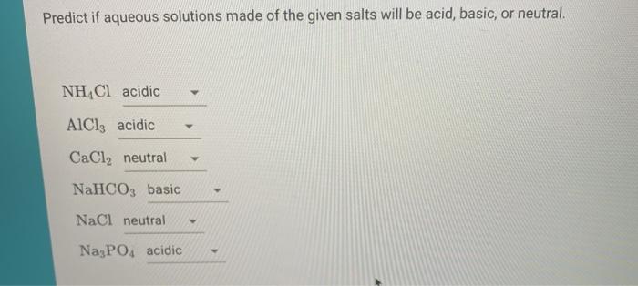 Solved Predict if aqueous solutions made of the given salts | Chegg.com