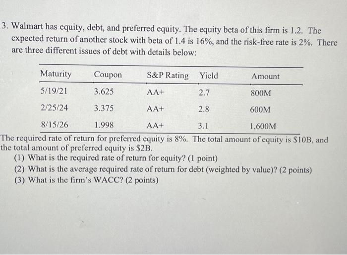 Solved 3. Walmart has equity, debt, and preferred equity. | Chegg.com