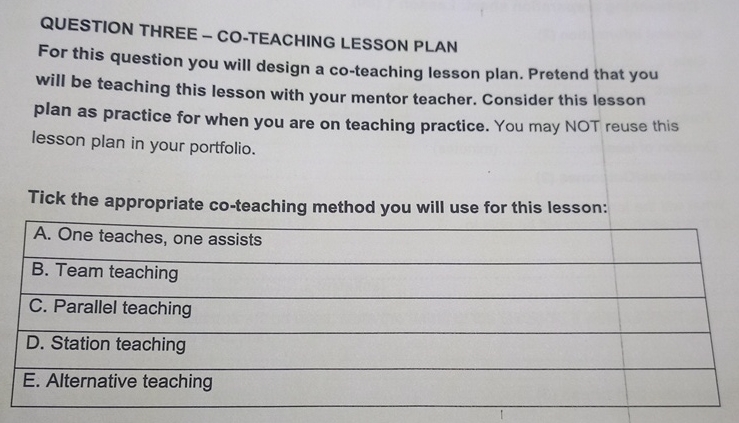 Solved QUESTION THREE - ﻿CO-TEACHING LESSON PLANFor this | Chegg.com