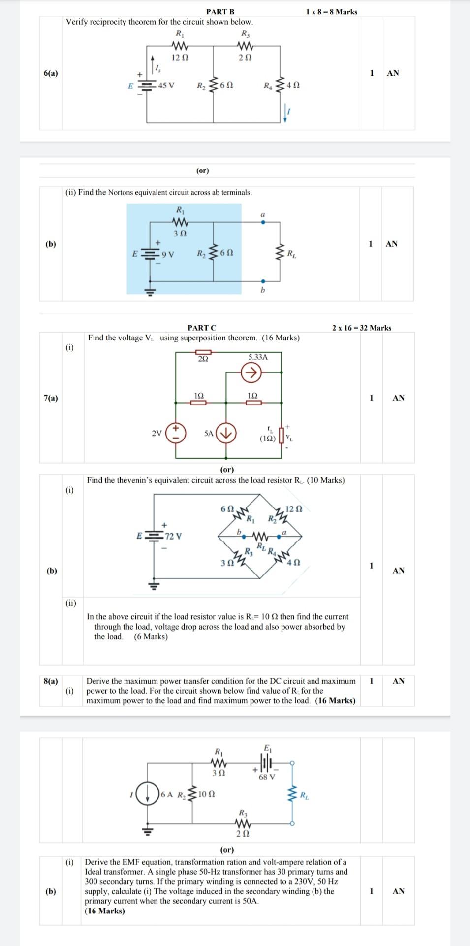 Solved 1 x 8 = 8 Marks PART B Verify reciprocity theorem for | Chegg.com