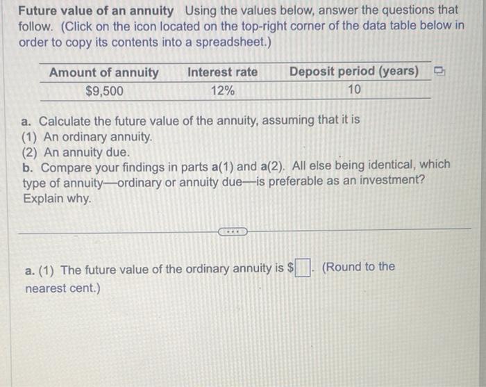 Solved Future value of an annuity Using the values below, | Chegg.com