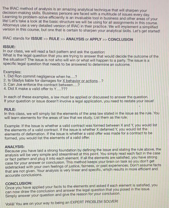 Solved *** BUSINESS LAW*** need to be in IRAC format. Ive | Chegg.com