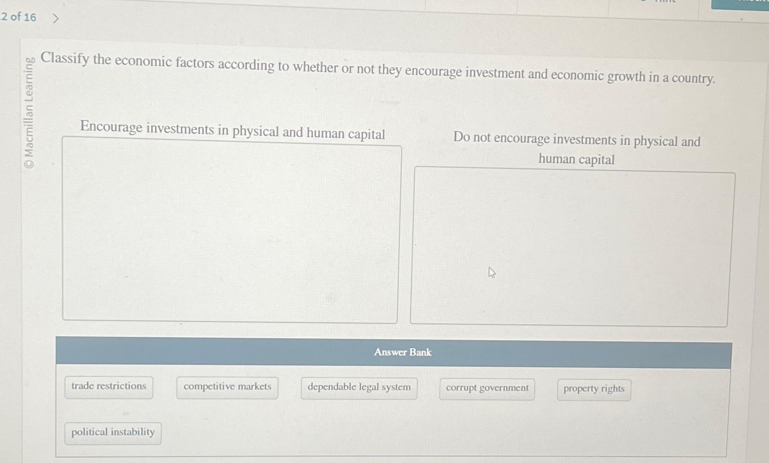 Solved 2 ﻿of 16 ﻿Classify the economic factors according to | Chegg.com