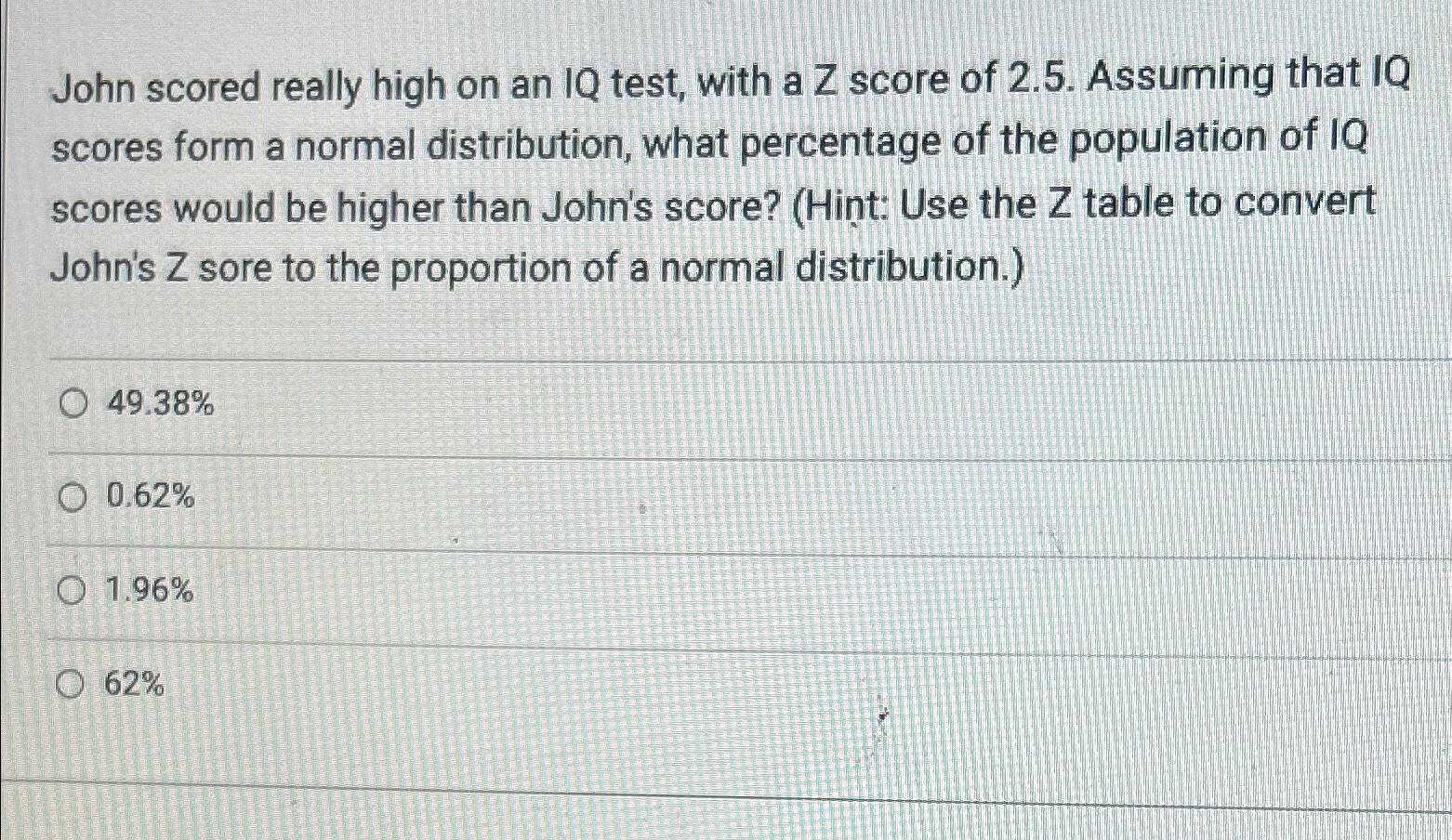 Solved John scored really high on an IQ test, with a Z score | Chegg.com