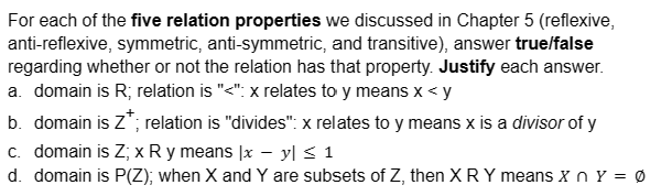 Solved For each of the five relation properties we discussed | Chegg.com