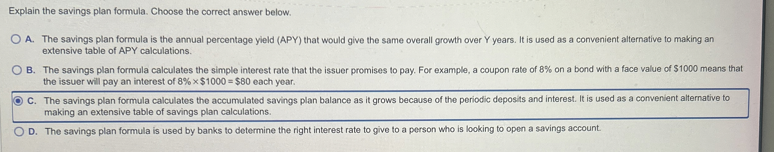 Solved Explain the savings plan formula. Choose the correct | Chegg.com