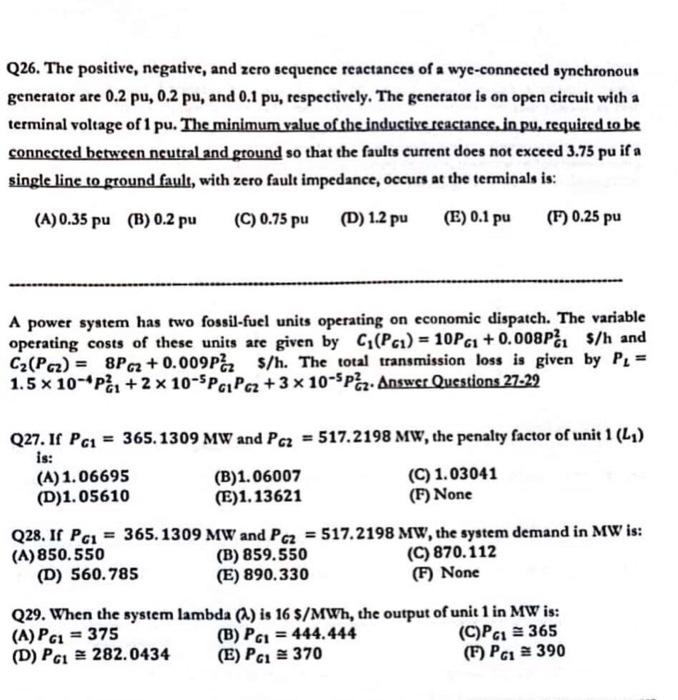 Solved Q26. The positive, negative, and zero sequence | Chegg.com