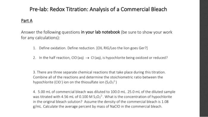 Solved Pre-lab: Redox Titration: Analysis of a Commercial | Chegg.com