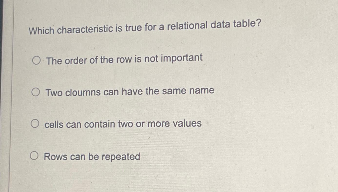Solved Which characteristic is true for a relational data | Chegg.com