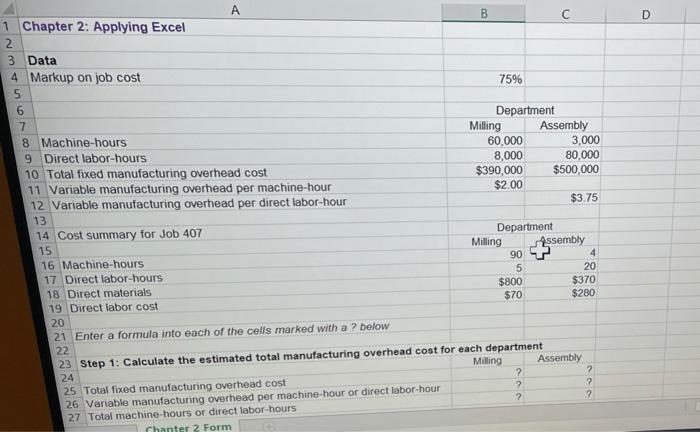 Solved A C D 75% А B 1 Chapter 2: Applying Excel 2 3 Data 4 | Chegg.com