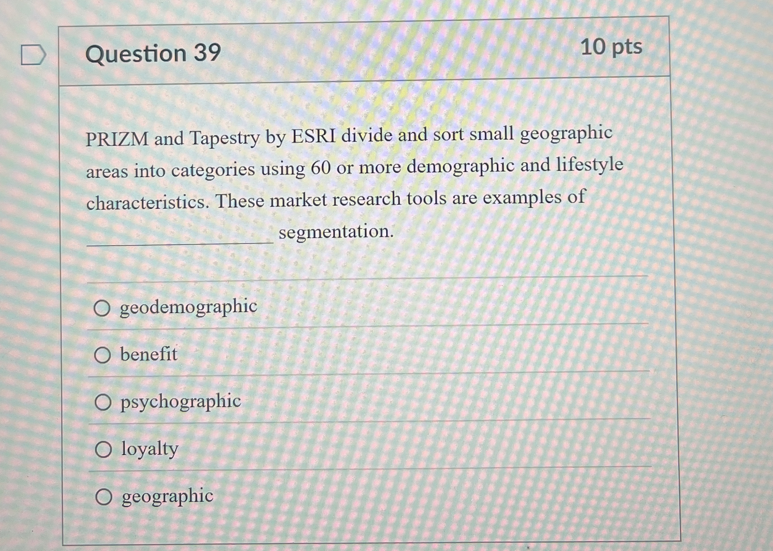 Solved Question 3910 ﻿ptsPRIZM and Tapestry by ESRI divide | Chegg.com