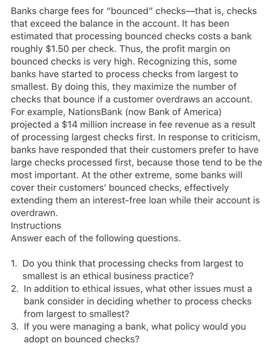 Solved Banks charge fees for "bounced" checks—that is, | Chegg.com