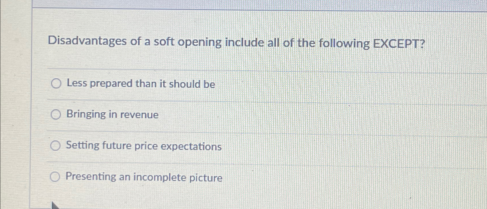 Solved Disadvantages of a soft opening include all of the | Chegg.com