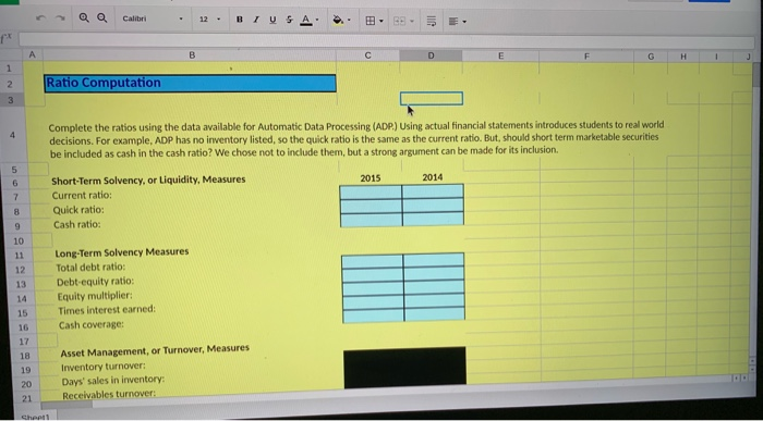 Solved QQ Calibri . 12. B USA - Ratio Computation Complete | Chegg.com