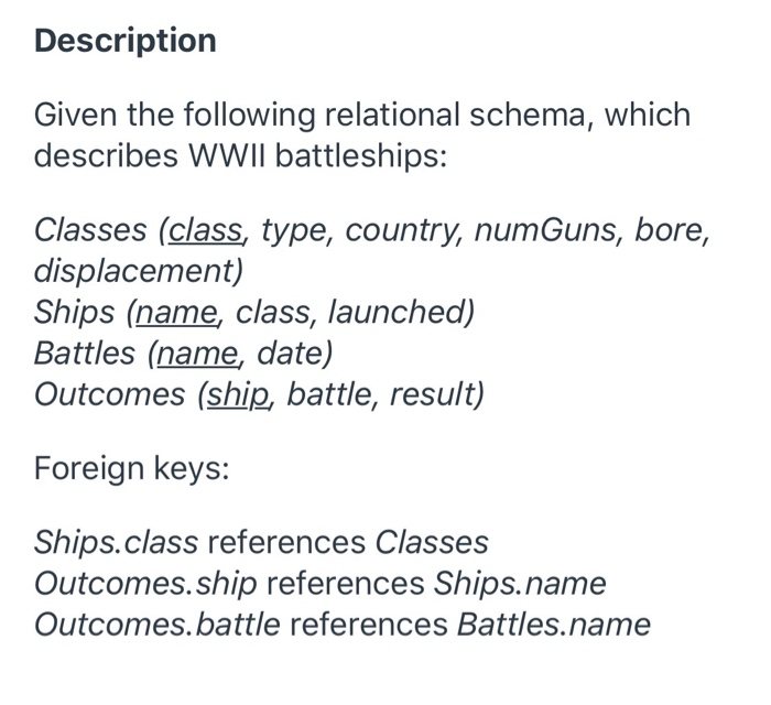 Solved Description Given the following relational schema, | Chegg.com