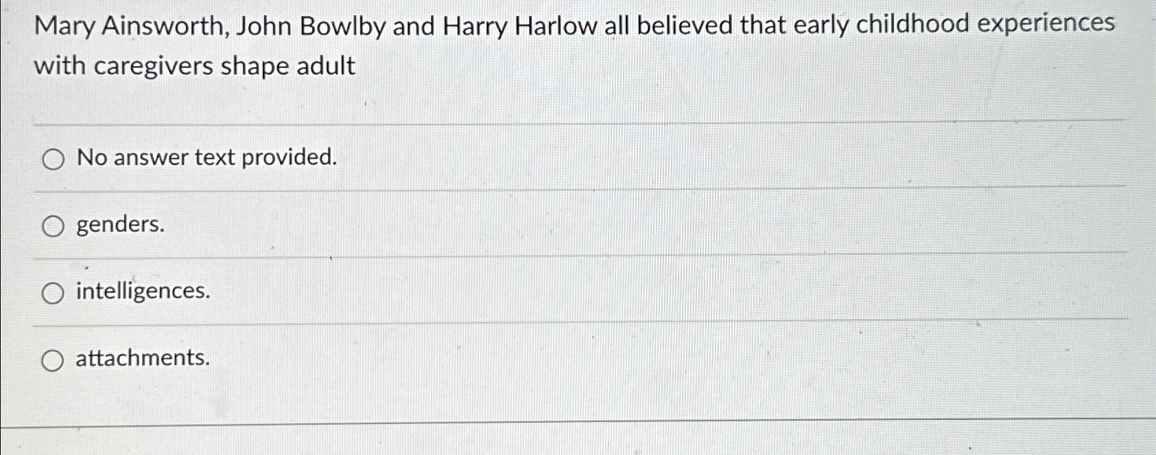 Solved Mary Ainsworth, John Bowlby and Harry Harlow all | Chegg.com