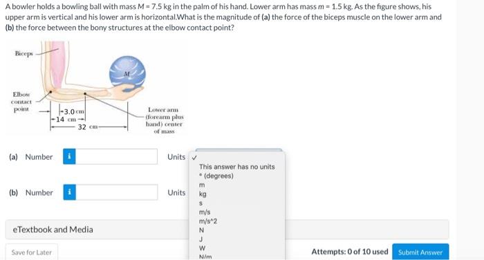Solved A bowler holds a bowling ball with mass M = 7.5 kg in | Chegg.com