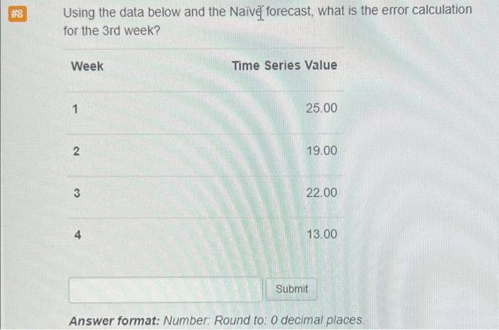 Solved #8 Using the data below and the Naive forecast, what | Chegg.com