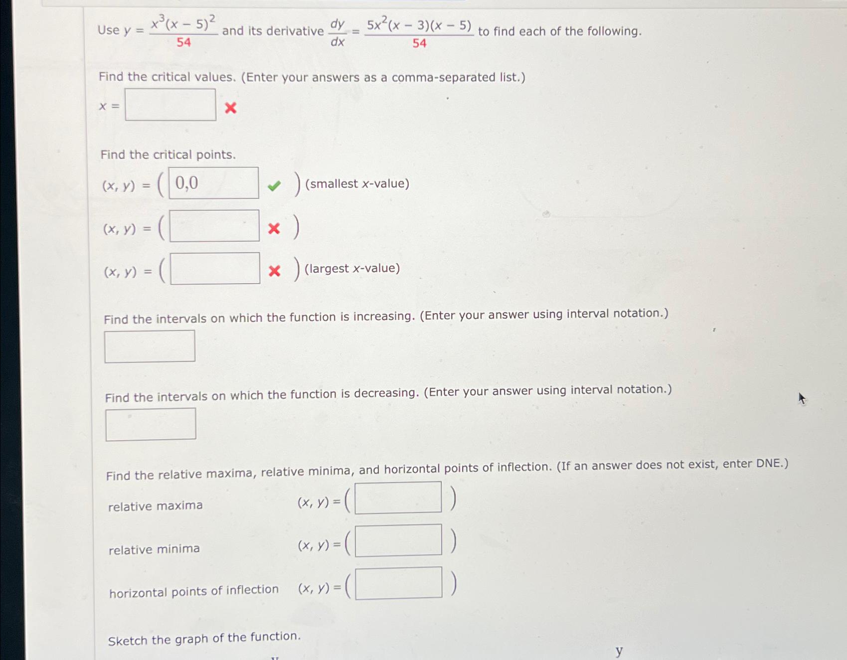 Solved Use y=x3(x-5)254 ﻿and its derivative | Chegg.com