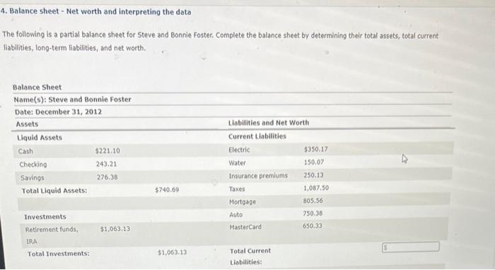 Solved Balance sheet - Net worth and interpreting the data | Chegg.com