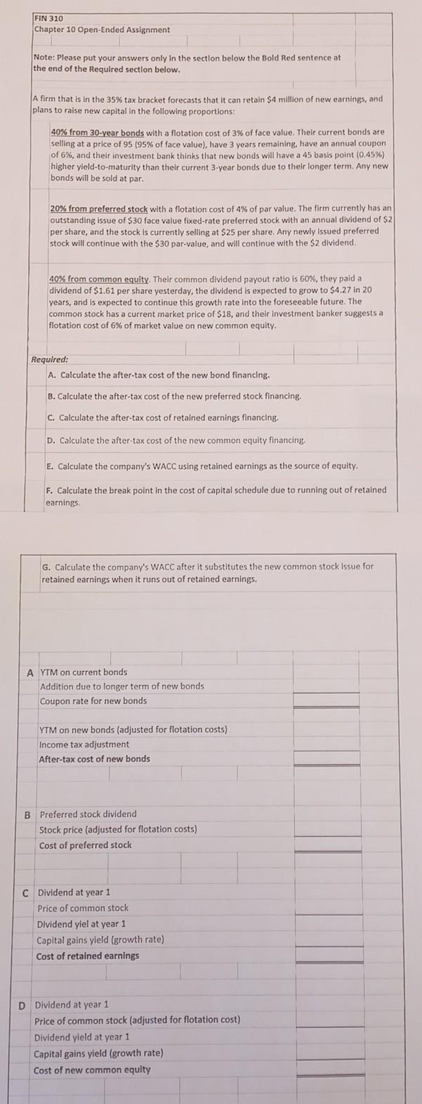 FIN 310 Chapter 10 Open-Ended Assignment Note: Please | Chegg.com